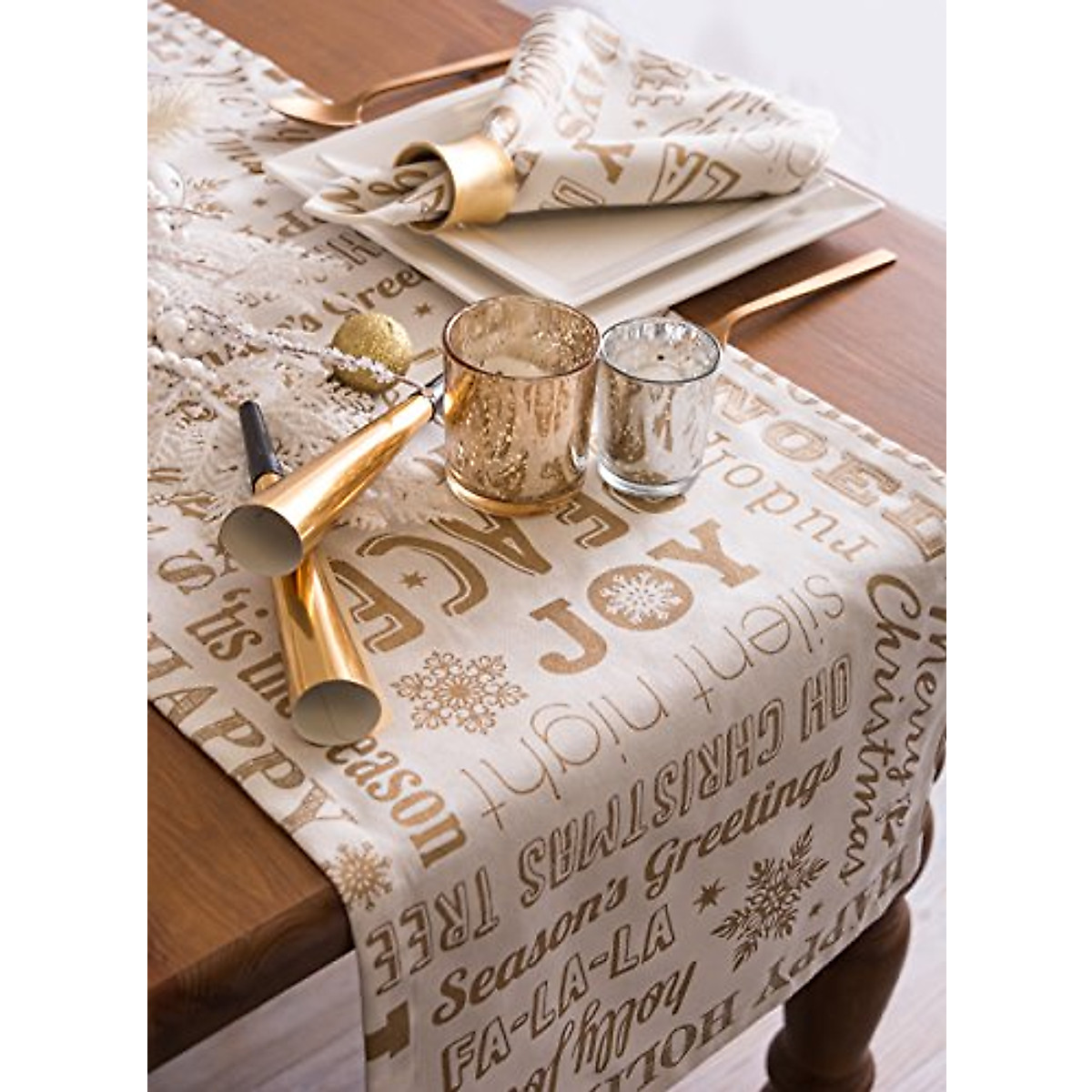DII Holiday Dining Table Linen Metallic Fabric Kitchen Décor, Christmas Table Runner, 14x108, Gold Holiday Collage