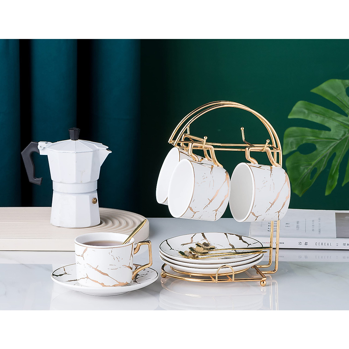 Jusalpha Serve of 4- Hand Printed Golden Matte Ceramic Marble Tea Coffee/Tea Cups with Spoons and Cup Holder, 7OZ -TCS26 (White/Gold, Serve of 4)