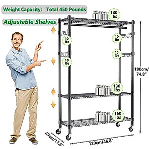 BATHWA Heavy Duty Clothes Rack Garment Rack Clothing Racks for Hanging Clothes 3 Tier Wardrobe Rack Clothing Storage Rack with 360° Lockable Wheels, 1 Hanging Rod and 4 Hooks, 190 cm/74.8'' Height