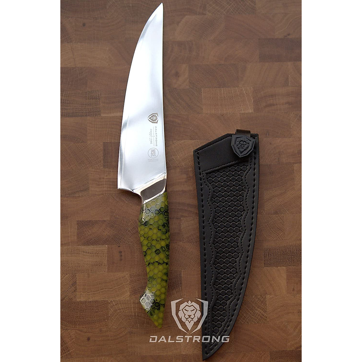 Dalstrong Chef Knife - 8 inch - Frost Fire Series - Glacial Lightning Edition - HC 10CR15MOV Stainless Steel Kitchen Knife - Sand Blasted Frosted - Dragon Skin Handle - Sheath - NSF Certified