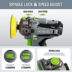 WORKPRO 12V Cordless Polisher, 3" Mini Car Detailing Buffer & Sander Machine Kit with 2 Li-Ion Batteries, Variable Speed Trigger for Auto/DIY Polishing/Sanding/Waxing