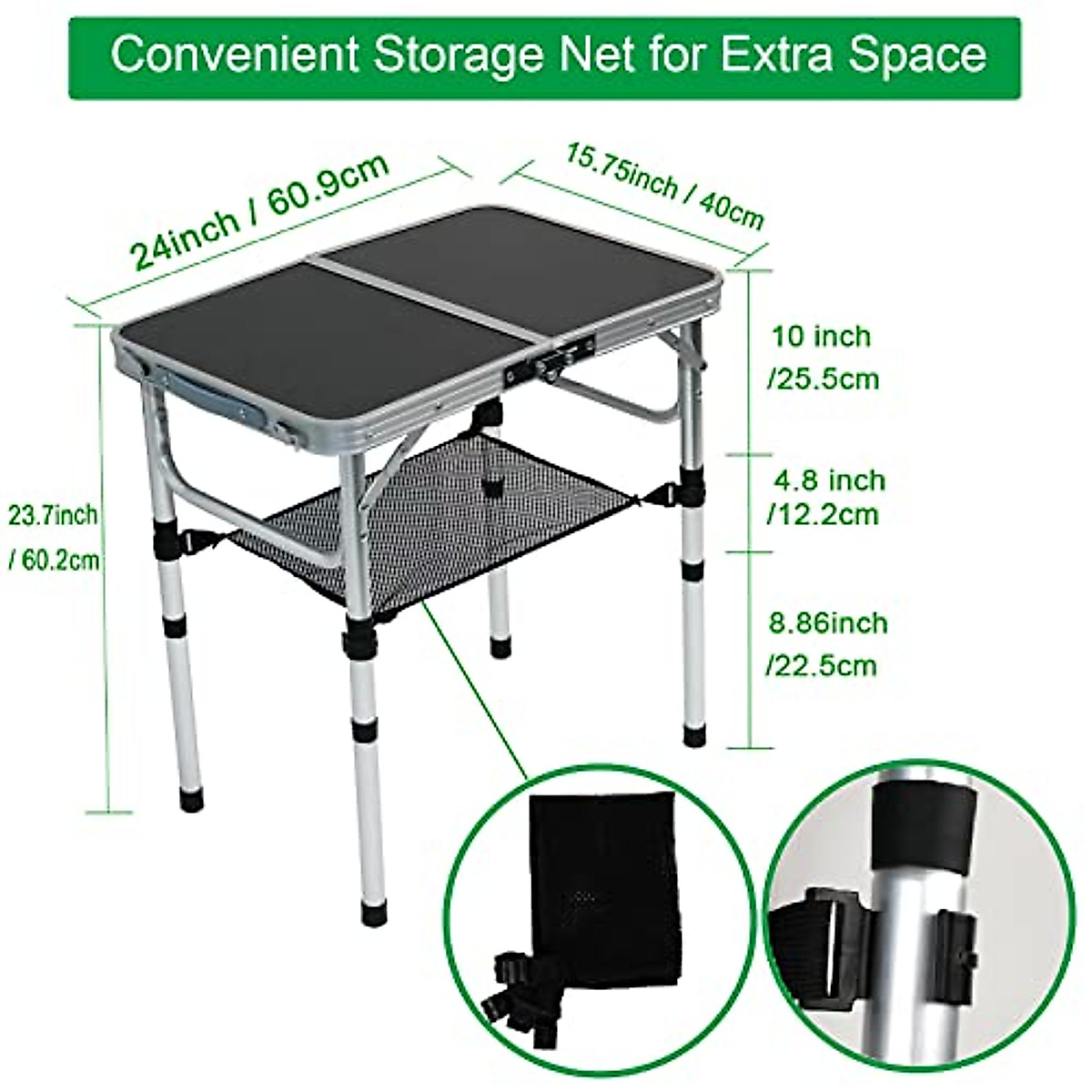 JYEASTZ Folding Table Portable Camping Table with Storage Net, 2ft Aluminum Picnic Table 24" x 16" Adjustable 3-Level Height, Waterproof, Lightweight with Carry Handle for Picnic Beach Outdoor Indoor