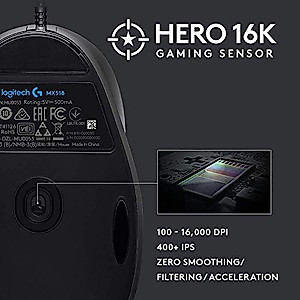 Logitech G MX518 Gaming Mouse Hero 25K Sensor, 25,600 DPI, ARM-Processor, 8 Programmable Buttons - Black/Grey