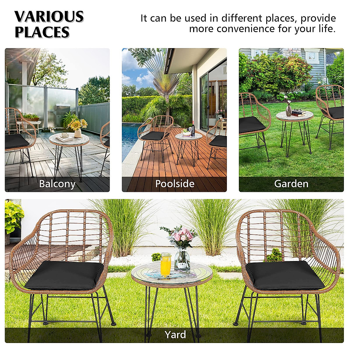 KOTEK 3 Pieces Patio Bistro Set, Outdoor Wicker Furniture Set with Glass Top Coffee Table & Seat Cushions, PE Rattan Conversation Set for Porch, Garden, Backyard, Poolside (Black)