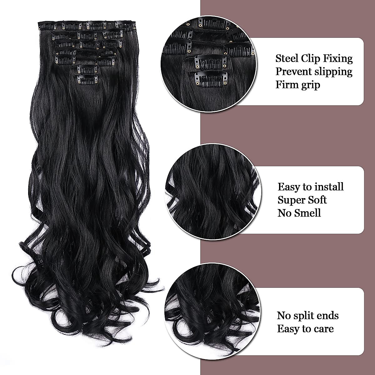 22 Inch Clip In Hair Extensions 7 PCS Long Wavy Synthetic Black Hair Extension & Natural Soft Invisible Clip Thick Hairpieces for Women Daily(20Inch, 7pcs, Black)