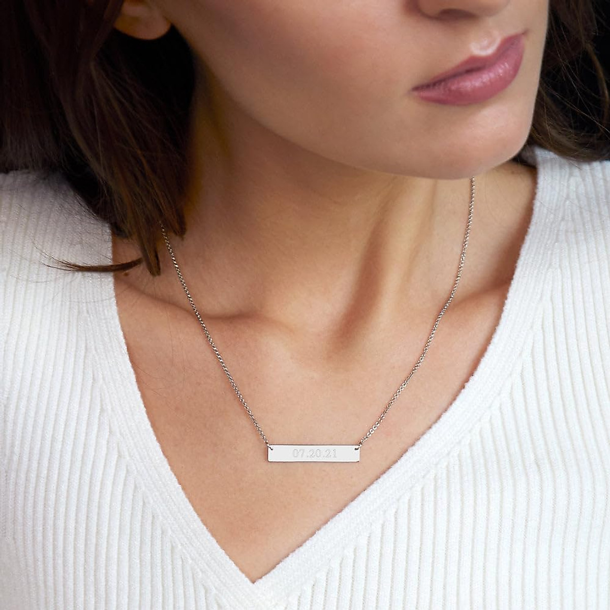 Women's Custom Engraved Sterling Silver Date Necklace - Personalized Necklace for Her - Gift for Wife - Couples Necklace - Wedding Date Necklace - Name Bar Necklace - Gifts for Mom