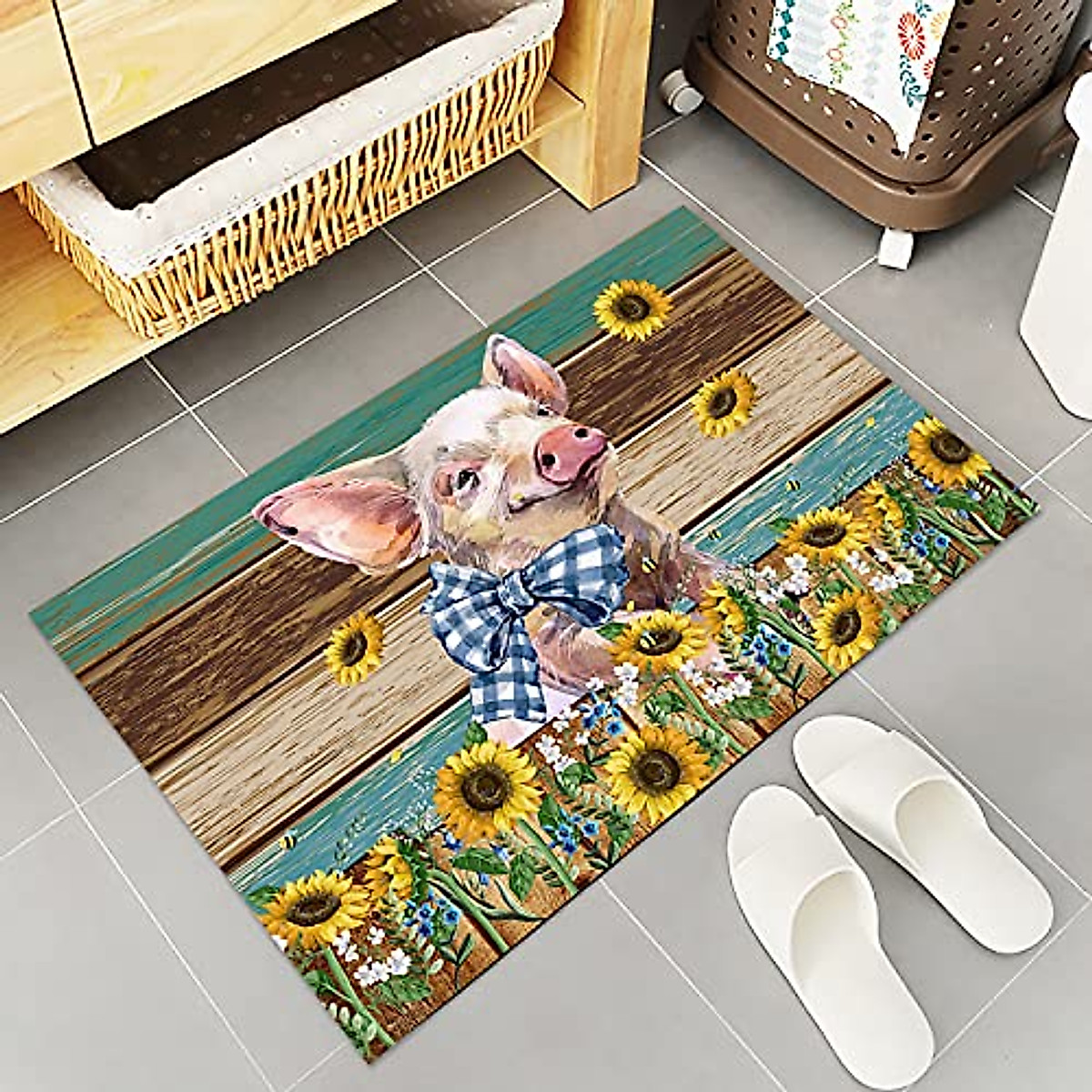 Kitchen Mat 2PCS Pig Hold Sunflowers Rustic Wooden Planks Farm Animal Kitchen Rugs Kitchen Organization, Anti-Fatigue Kitchen Floor Mats Non-Slip Kitchen Decor Runner Rug Room Decor Standing Desk Mats
