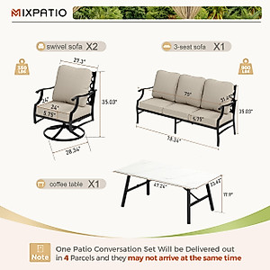 MIXPATIO Patio Furniture Set 4 pcs, Metal Outdoor Patio Furniture, 3-Seat Sofa, 2 Swivel Chairs, Metal Coffee Table and 5.75" Extra Thick Cushion, Patio Conversation Set,Beige