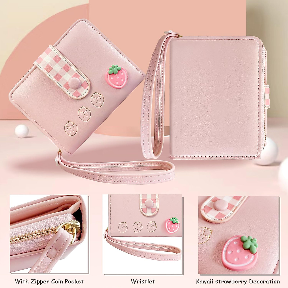 Sunwel Fashion Strawberry Wallet Card Holder Small Cute Wallet Zipper Coin Pocket Wallet for Women Girls (PINK)