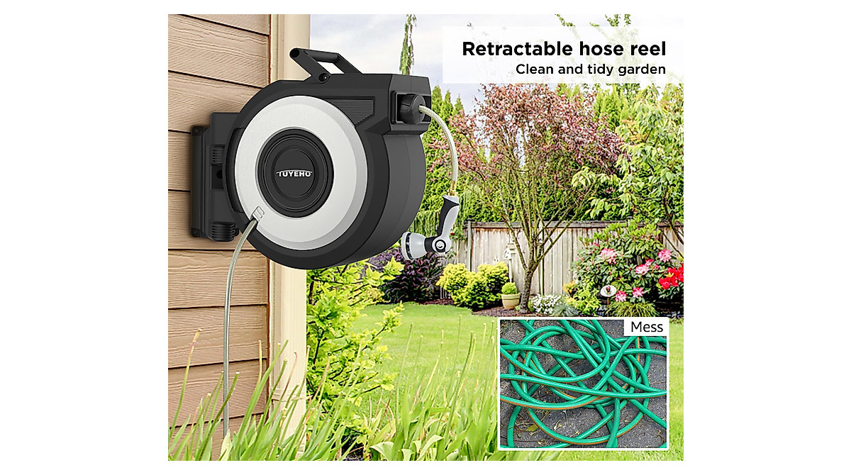 Tuyeho 90 FT Retractable Garden Hose Reel with Auto Rewind