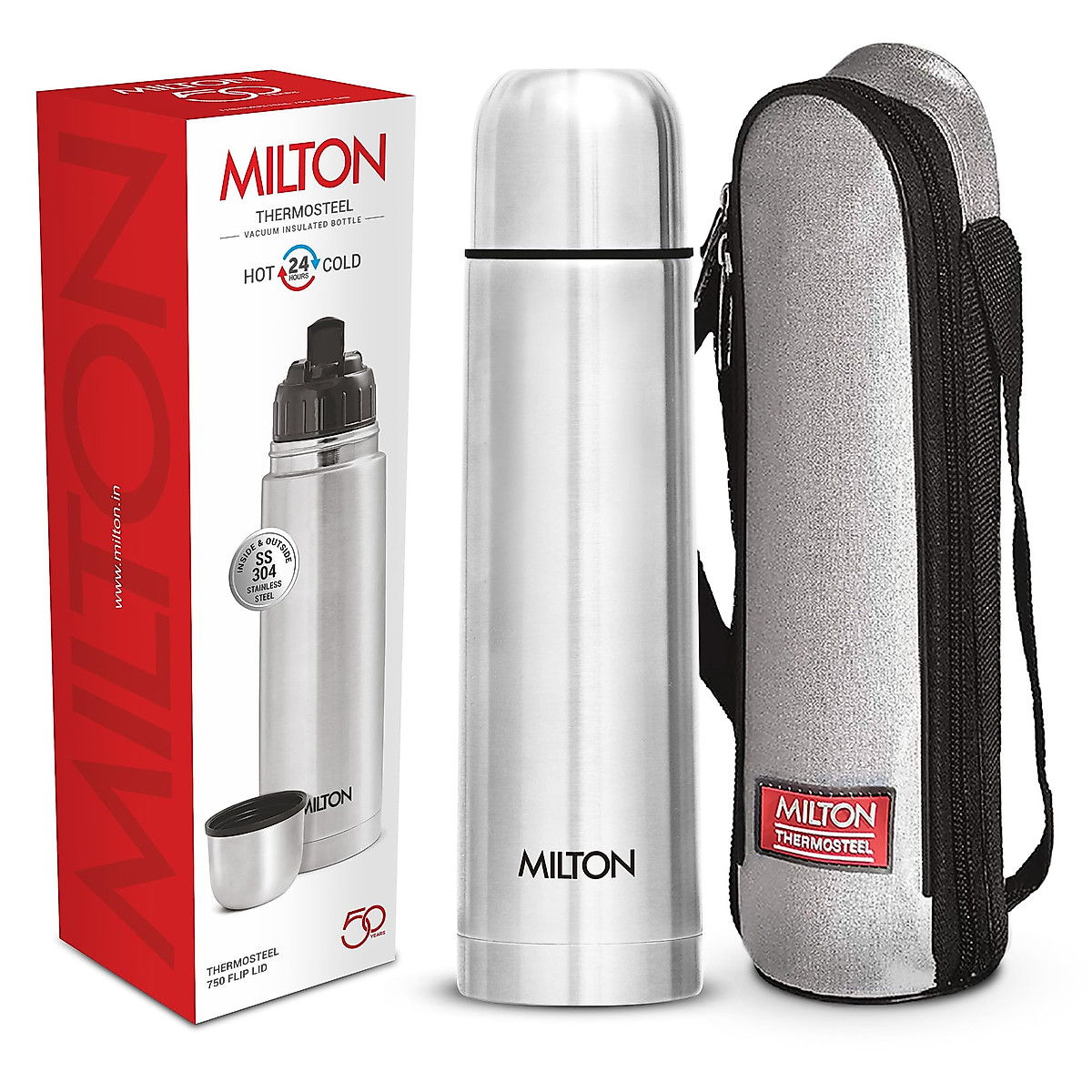 Milton Thermosteel Flip Lid 750, Double Walled Vacuum Insulated Thermos 750 ml | 25 oz | 24 Hours Hot and Cold Water Bottle with Cover, Stainless Steel, BPA Free, Leak Proof | Silver