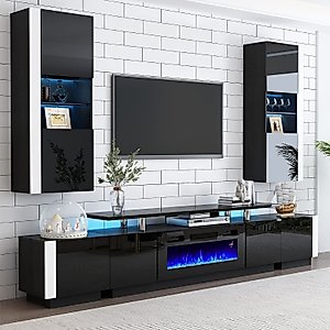 AMERLIFE Wall Unit Entertainment Center with Fireplace and Bookshelves, Includes 70" 2-Tier Fireplace TV Stand, 2 x Wall Cabinets & 2 x End Tables, Modern LED Lights TV Console for Living Room, Black