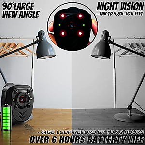 64GB Body Camera Police Civilians Patrol Portable Body Mounted Camcorder 1080P Night Vision 6 Hours Battery Life Recording Wearable Video Recorder for Law Enforcement Indoor Outdoor Security