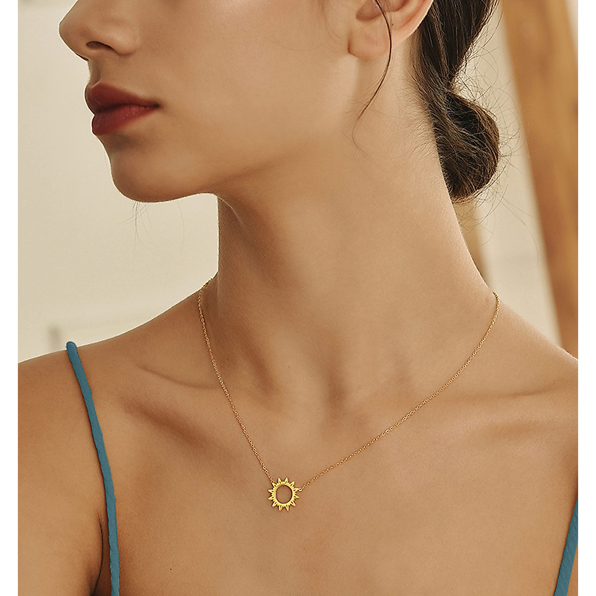 KristLand - 18k Gold Plated Dainty Layered Sun Necklace Pendant Short Cactus Choker Chain, Circle Layering Necklace,Star Handmade Gold Simple Necklace for Women A Sunshine Gold Color