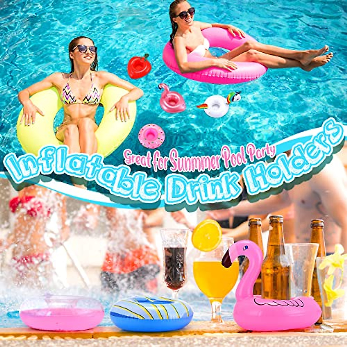 60 Pcs Pool Drink Floats Inflatable Drink Holder Drink Floaties Floating Cup Holders for Summer Swimming Pool Party Favors Bath Toys, 30 Styles