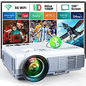 Projector with WiFi and Bluetooth, 2022 Upgraded 5G WiFi Projector Native 1080P HD 4K Supported, FUDONI Outdoor Projector with Screen, Portable Home Projector for HDMI, USB, Laptop, TV Stick, Phone