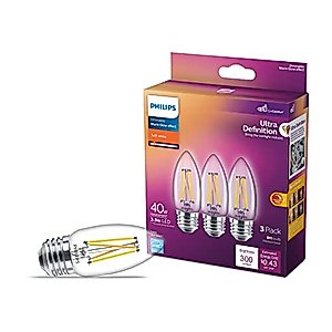 Philips LED Flicker-Free Classic Glass Ultra Definition, EyeComfort Technology, Warm Glow Effect B11 Light Bulb, 300 Lumen, Soft White (2700K), 3.5W=40W, E26 Base, T20 Certified, 3-Pack (574392)