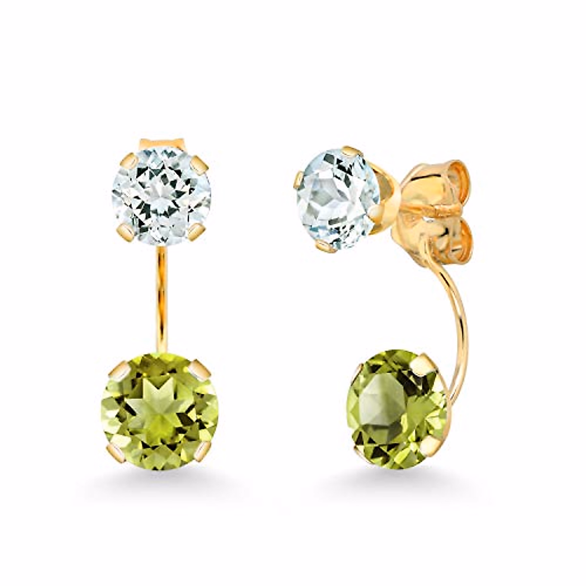 Gem Stone King 14K Yellow Gold Green Peridot and Sky Blue Aquamarine Dual Drop 2 Stone Round Earrings for Women (3.00 Cttw, Gemstone Birthstone, Round 6MM and 5MM)