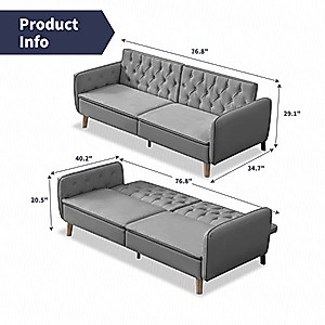 ZAFLY Couch Bed, 76.8'' Loveseat Bed Couches for Living Room, Futon Sofa Deep Seat Beds with Soft Ice and Snow Velvet Sturdy Sleeper Small Space, Bedroom, Apartment, Dorm Light Grey