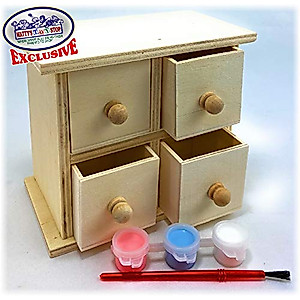 Matty's Toy Stop Design & Paint Your Own Wooden Jewelry Box Set with Mirror Jewelry Box, 3 Drawer Dresser, 4 Drawer Dresser, 3 Brushes & 9 Paints (3 Pink, 3 Blue & 3 White) Gift Set Bundle - 3 Pack