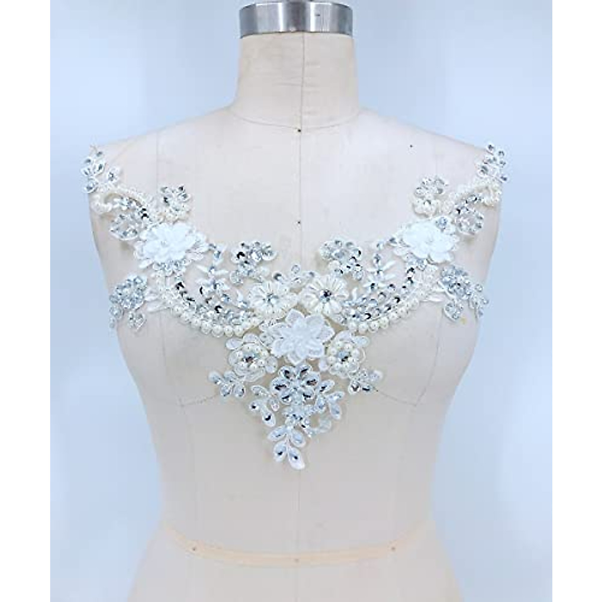 wtbv.n Handmade Crystal Peal Patches Sequins Rhinestones Ivory lace Trim Applique 38 * 28cm for Dress Skirt