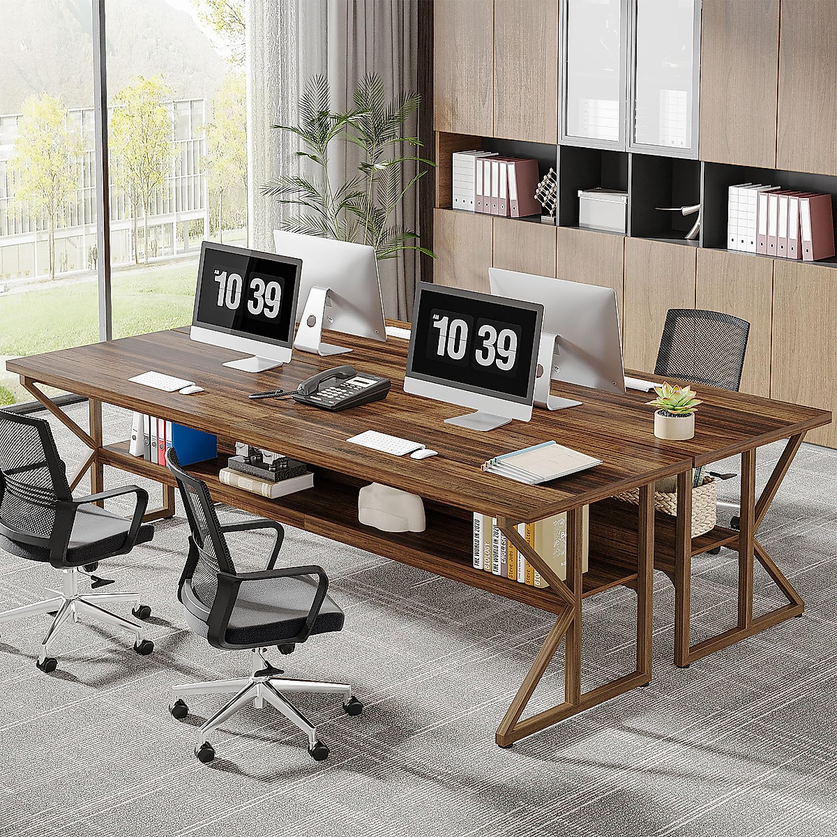 Tribesigns 79-Inch Extra Long Desk, 2 Person Desk with Storage Shelf, Large Computer Desk Double Desk Writing Table Desk for Home Office, Brown