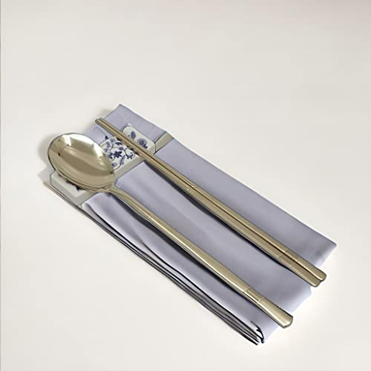 Korean Chopsticks Spoon 2 Set - METAL STAINLESS STEEL Titanium Plating -Printed Hangul Characters (Bamboo-Gold 1set)