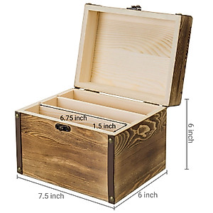 MyGift Rustic Burnt Wood Recipe Card Box with Divider, Wooden Recipe Holder Organizer Chest with Leatherette & Brass Accents - Holds 4 x 6 Cards