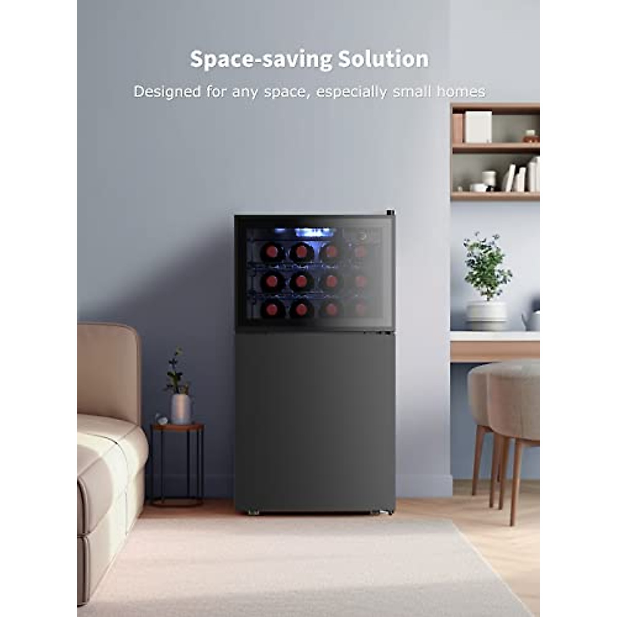 WATOOR Double Door Beverage Wine Cooler with Freezer,1.3 Cu Ft Mini Fridge and 1.3 Cu Ft Freezer with Reversible Door,Dual Zone Temperature Control,Perfect for Home or Office