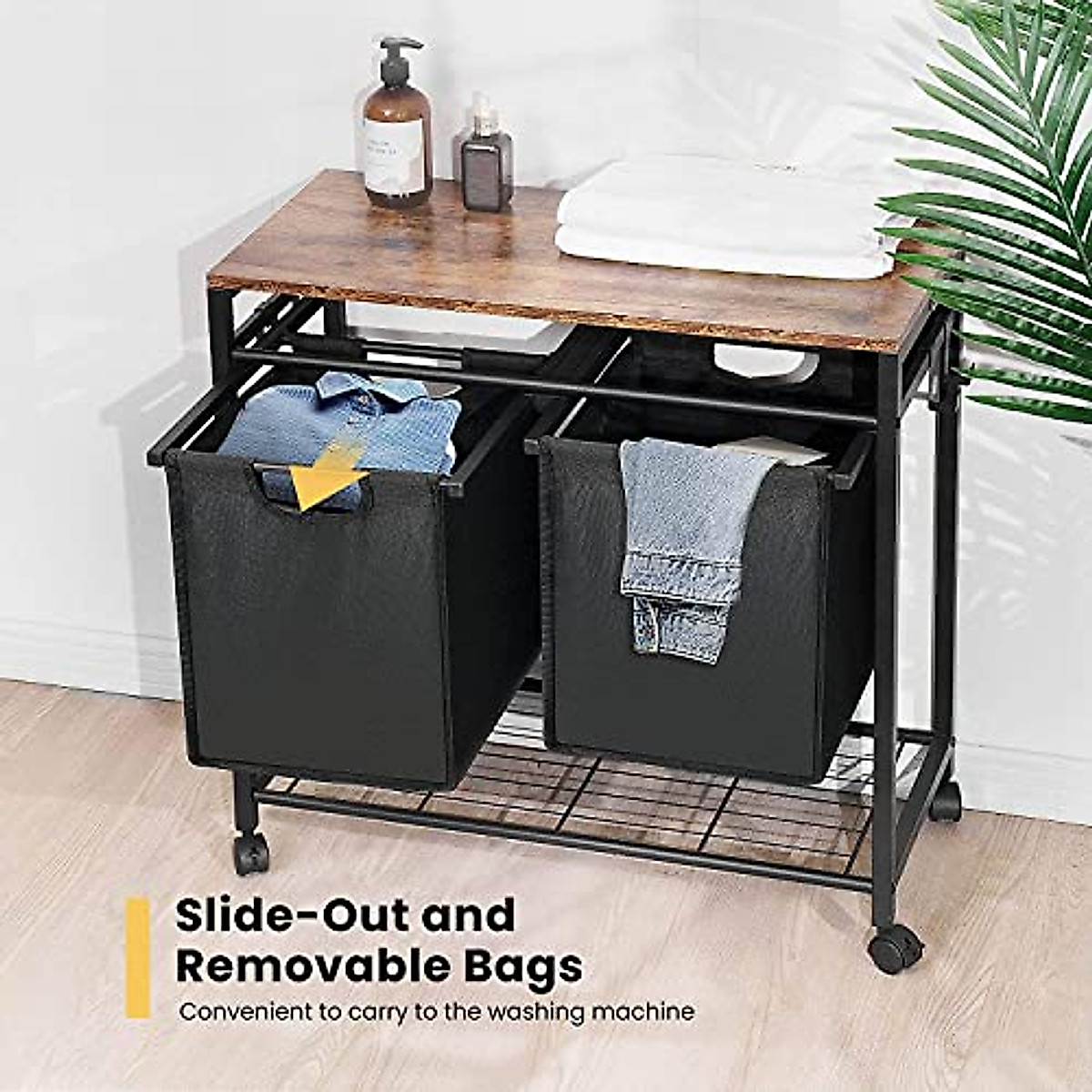 VIVOHOME Pull Out Laundry Hamper, 2-Compartment Laundry Basket with Shelf and Wheels, 2 x 30L Removable 600D Oxford Fabric Laundry Bags, Rustic Brown and Black