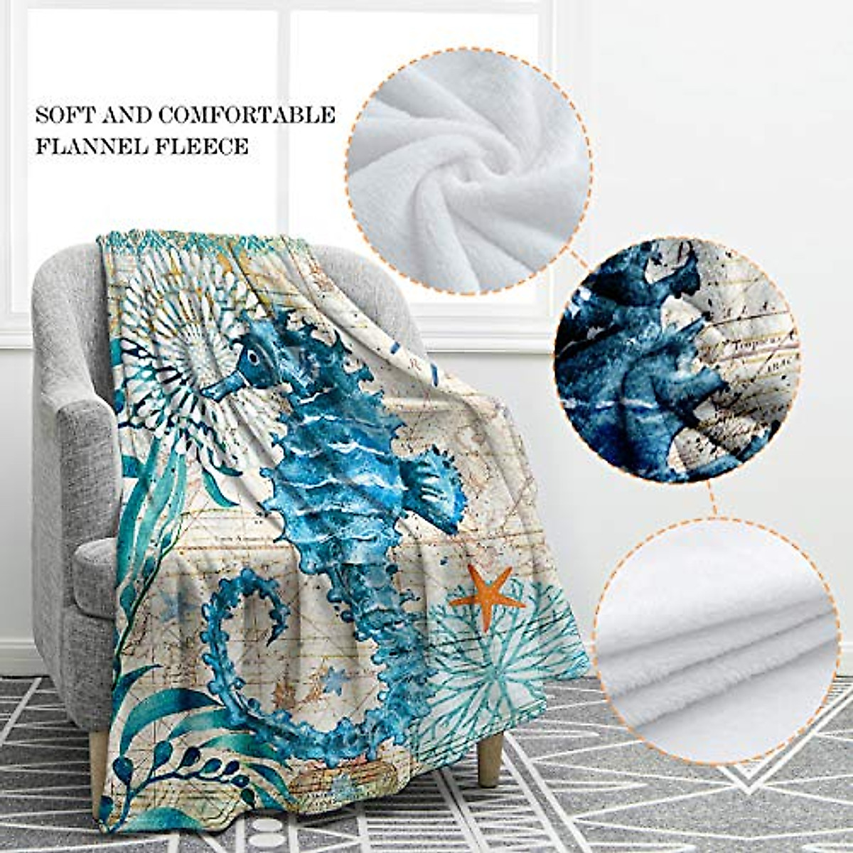 Jekeno Sea Horse Blanket Smooth Soft Ocean Style Print Throw Blanket for Sofa Chair Bed Office Gift 50"x60"