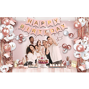 UJoyant 236 Pcs Birthday Decorations For Women, Rose Gold Party Decorations Kit For Girls Or Women - Butterfly Decors, Hanging Swirl, Balloon Stand Kit, Sash, Tiara, Banner, Tassel Curtain, Balloon, Tableware Kit For 25 Guests