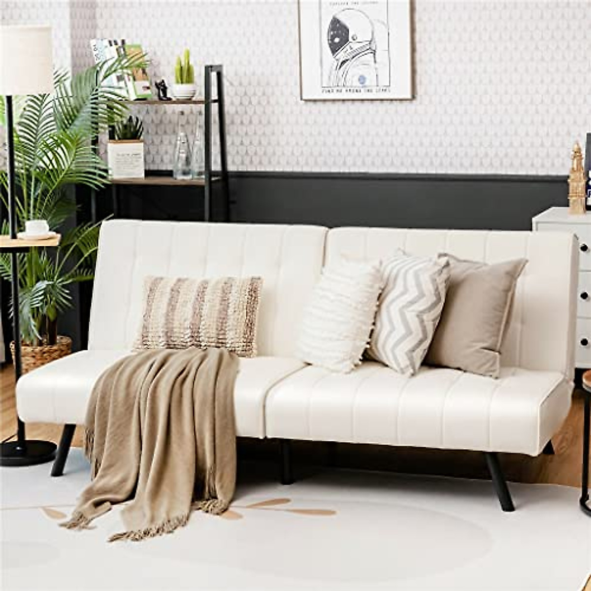 Walnut Futon Sofa Bed PU Leather Convertible Folding Couch Sleeper Lounge Convenient Installation (Color : A)