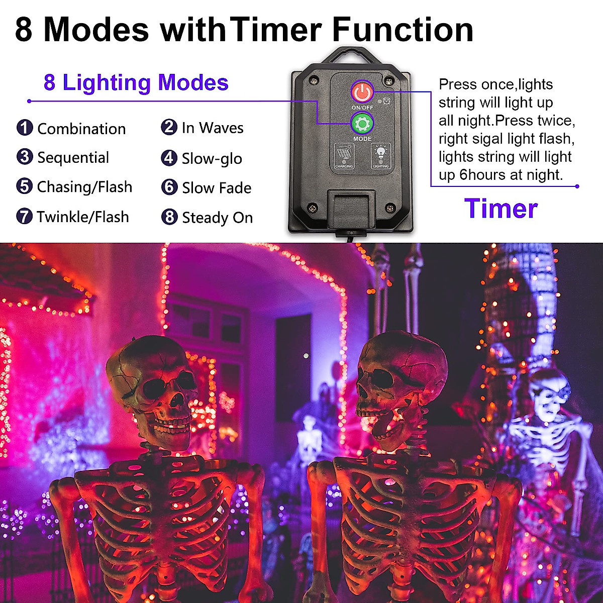 Halloween Decorations Outdoor Solar String Lights Orange & Purple, Outside 2Pack Total 144ft 400 LED 8 Modes with Timer, IP44 Waterproof Spooky Gothic Lights for Party, Patio, Tree, Garden Decor