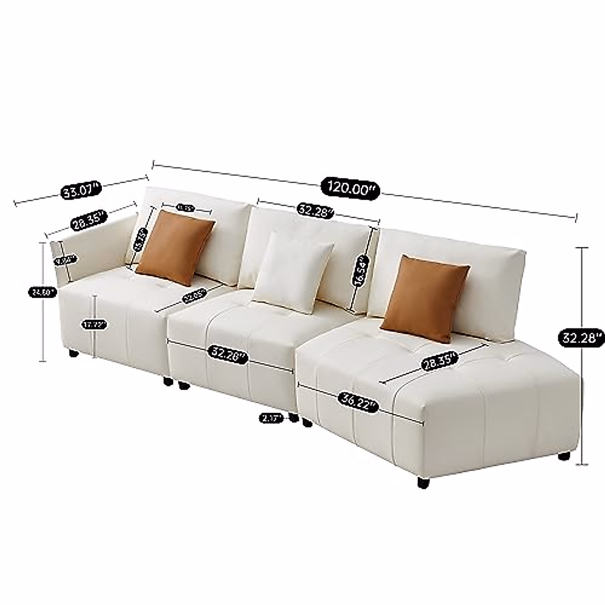 BAMOOLI 120'' Leather Curved Sectional Couches, Mid-Century Modern Leather Sectional Sofa Couches with 3 Pillows, Modular Sectional Couch Real Leather Sofas for Living Room, Bedroom, Apartment, Beige