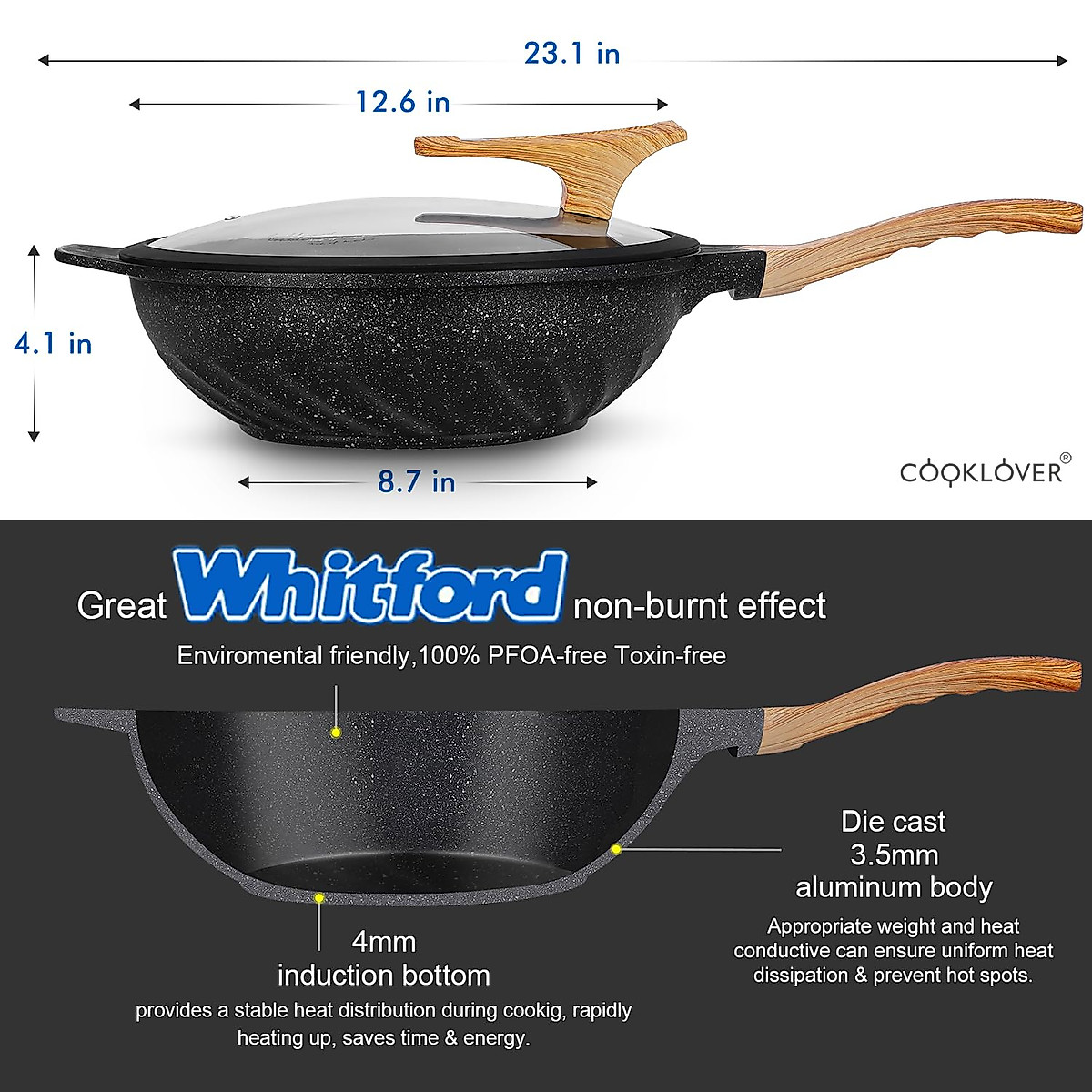 COOKLOVER Nonstick Woks And Stir Fry Pans Die-cast Aluminum Scratch Resistant 100% PFOA Free Induction Wok pan with Lid 12.6 Inch - Black