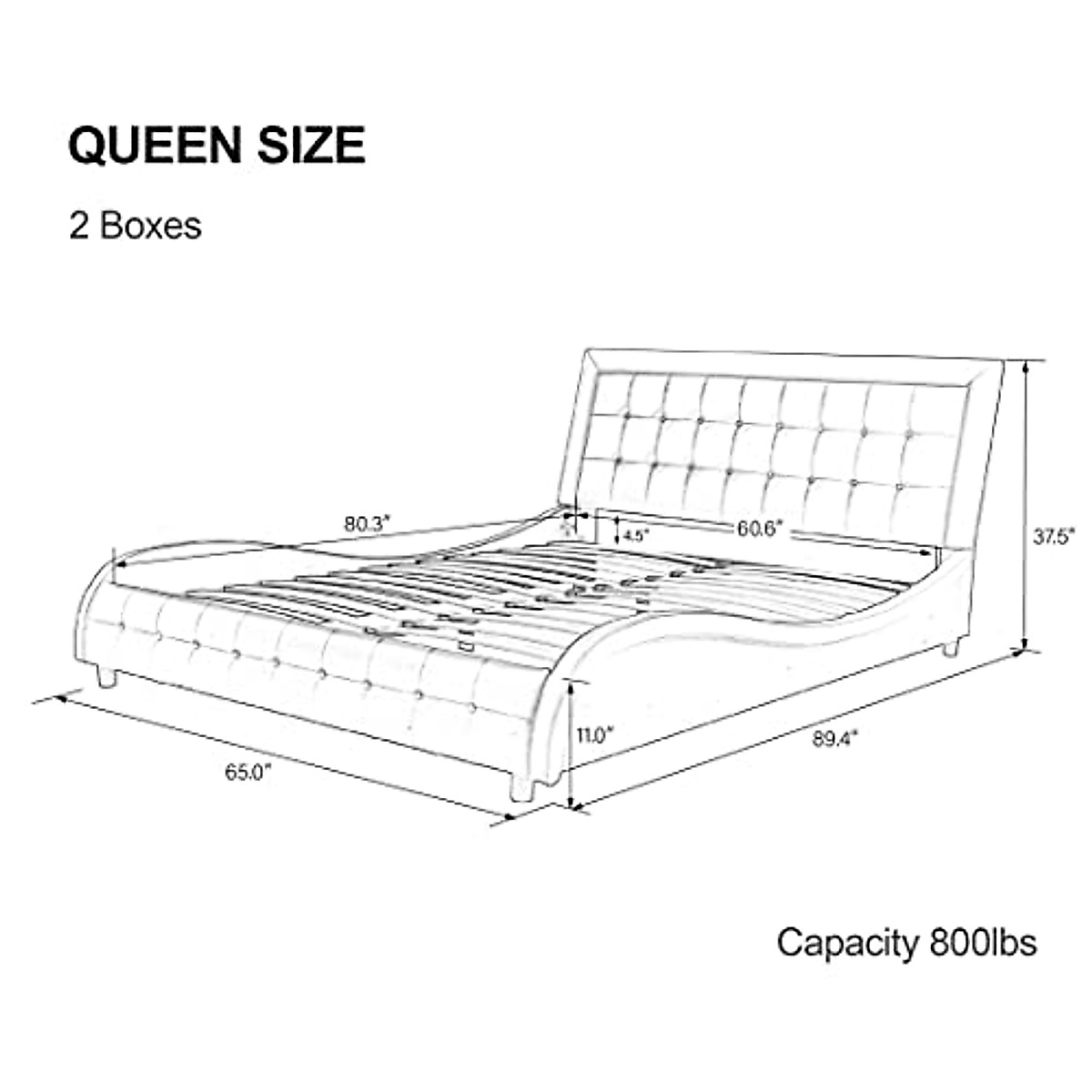 SHA CERLIN Queen Size Box-Tufted Platform Bed Frame / Faux Leather Upholstered Bed Frame with Headboard / Wood Slat Support / Wave-Like Modern Bed / Low Profile Mattress Foundation / Black