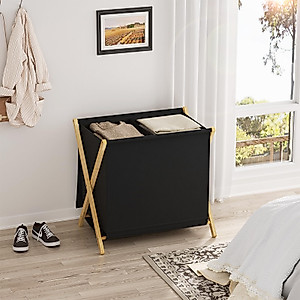 2-Section Extra Large Laundry Hamper with Lid, 125L (33 Gal) Divided Dirty Clothes Laundry Basket with Bamboo Frame, Double Hampers Organizer for Laundry Room, Bathroom, Bedroom, Black