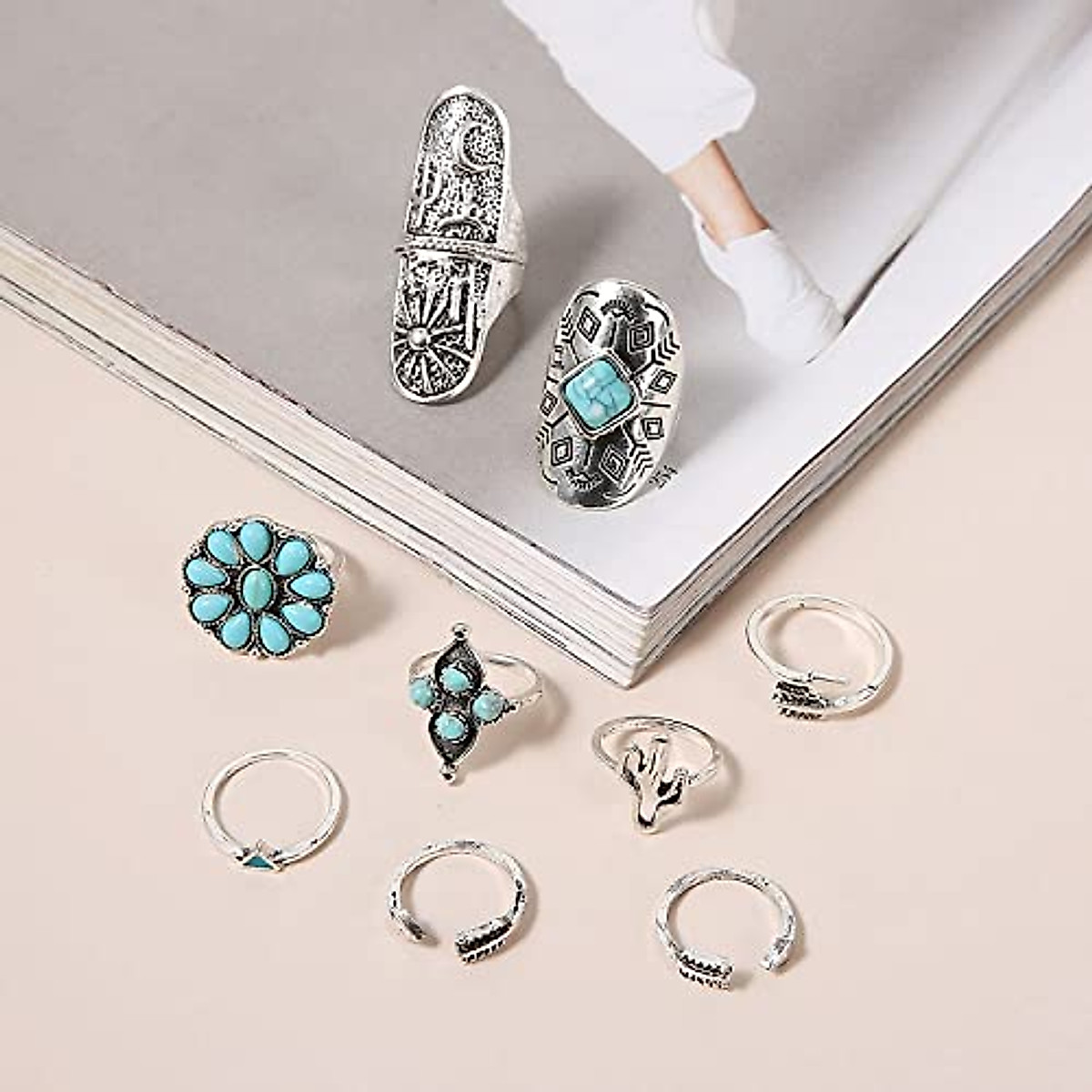 Fuqimanman2020 9pcs Boho Silver Statement Rings Joint Knuckle Ring Set