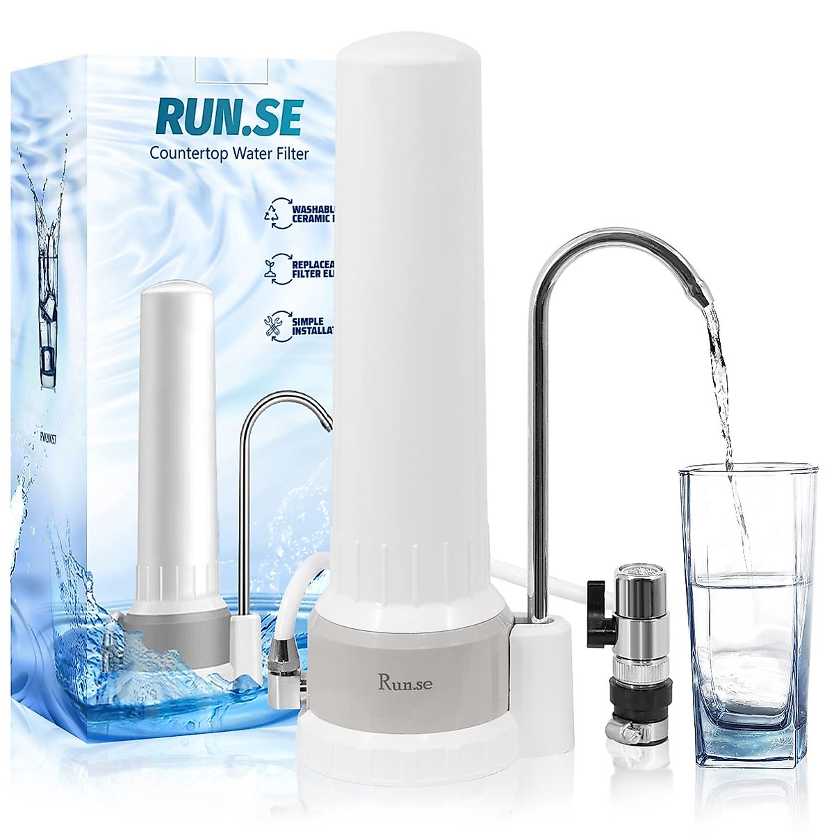 RUN.SE Countertop Water Filter System, Easy Install Water puriter, Sink Water Faucet, Alkaline Material Filter Machine (1 Filter Included)