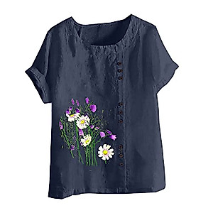 Ladies Flower Printing Tee Shirts 2023 Summer Short Sleeves Tops T-Shirt Crew Neck Loose Fit Blouses Tshirt Work Top G2-Navy 3X-Large
