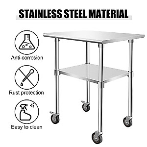 KODOM Food Prep Stainless Steel Table 36" x 30", Heavy Duty Workbench with Adjustable Under Shelf, Commercial Worktable with 4 Casters for Commerical Kitchen, Restaurant, Home and Hotel