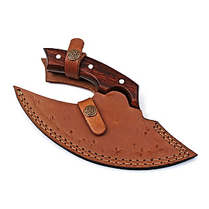 Super Knife Handmade Damascus Steel Ulu Knife - Fixed Blade knife for Chopping Boning Slicing Cutting ,Solid Rose Wood Handle with Leather Sheath, Wood,Steel