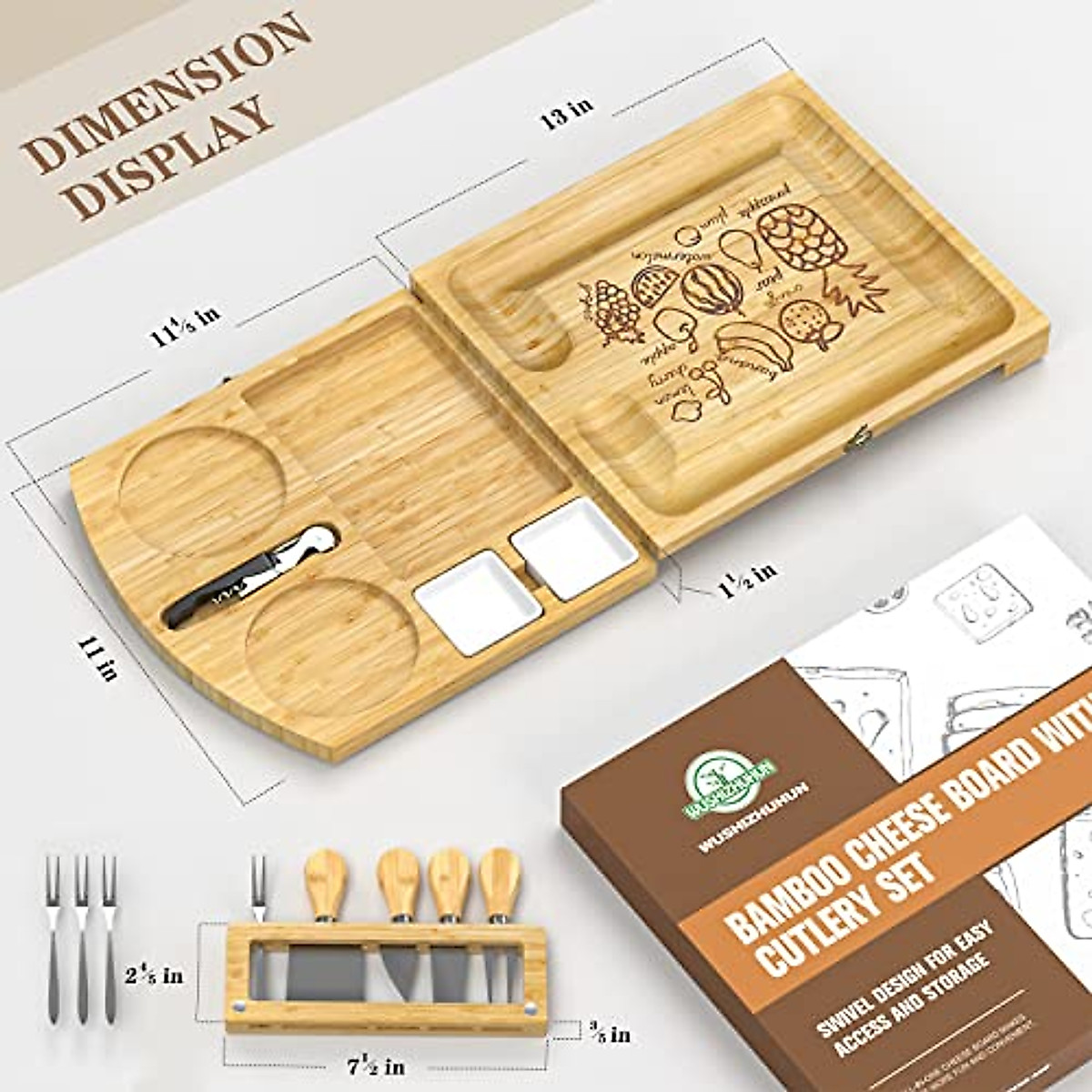 Cheese Board Charcuterie Board Set - Swiveling Wine Meat Cheese Platter Bamboo Cheese Server with Knives, Forks, Wine Opener, Ceramic Bowls for Gathering Party - Warming Gift for Women Friend