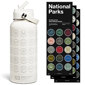 National Parks Water Bottle with Stickers Kit, Adventure Flask with Straw, Waterproof Stickers for Water Bottle, Insulated Stainless Steel 32oz (Tan)