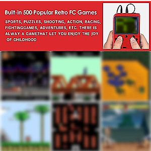 Retro Handheld Game Console with 500 Classic FC Games, Portable Retro Game Console, 3-inch LCD Screen and Add-on Controller, Handheld Game Console Supports Connectivity to TV and Two Players (RED)