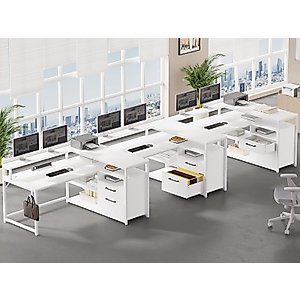 SEDETA White Computer Desk with Drawers, 55" Home Office Desk with File Drawer and Storage Shelves, L Shaped Gaming Desk with LED Lights and Monitor Shelf