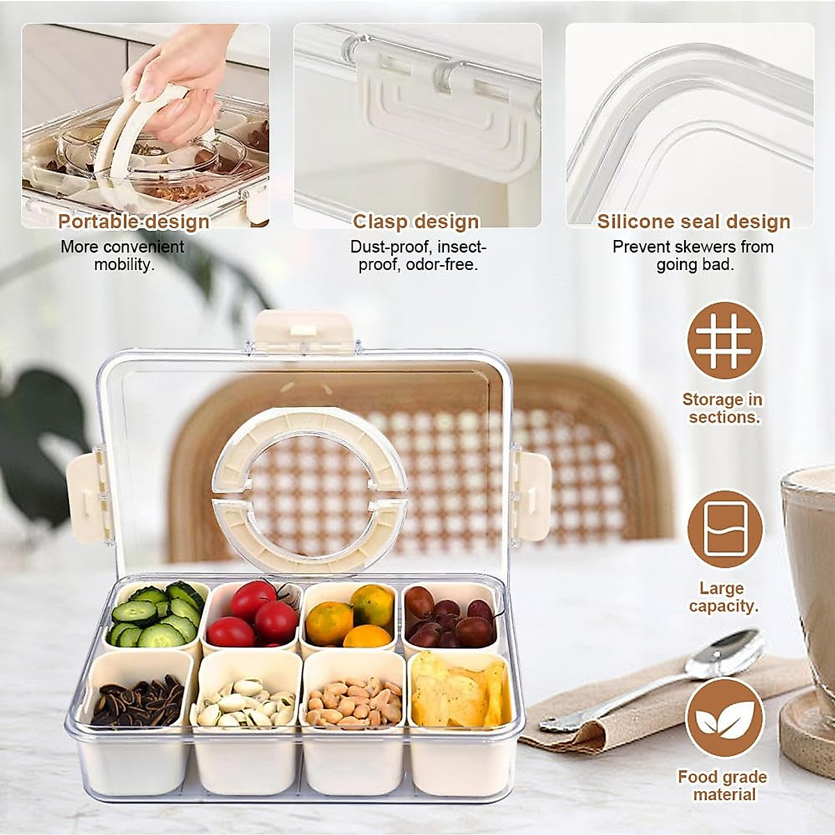 Snack Box Container, Divided Serving Tray with Lid and Handle Snackle Box Container, Snack Organizer for Adults Fruit Tray, Veggie Tray, Perfect for Party, tackle box for snacks