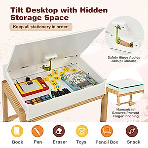 Costzon Kids Table and Chair Set, Wooden Lift-top Desk & Chair w/Storage Space, Safety Hinge, Gift for Toddler Drawing, Reading, Writing, Homeschooling, Children Activity Table & Chair (White)