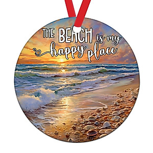 Swavecat Christmas Ornament - Sunset Beach Waves Coastal Ceramic Xmas Tree Keepsake The Beach is My Happy Christmas Ornaments Ocean Theme Beach Winter Seasonal Gift Holiday Decor